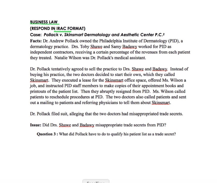 Solved BUSINESS LAW (RESPOND IN IRAC FORMAT) Case: Pollack | Chegg.com