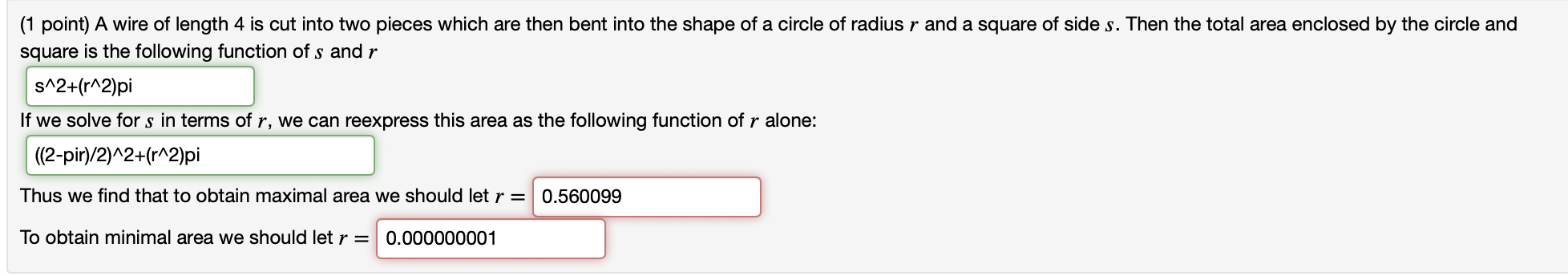 Solved (1 point) A wire of length 4 is cut into two pieces | Chegg.com