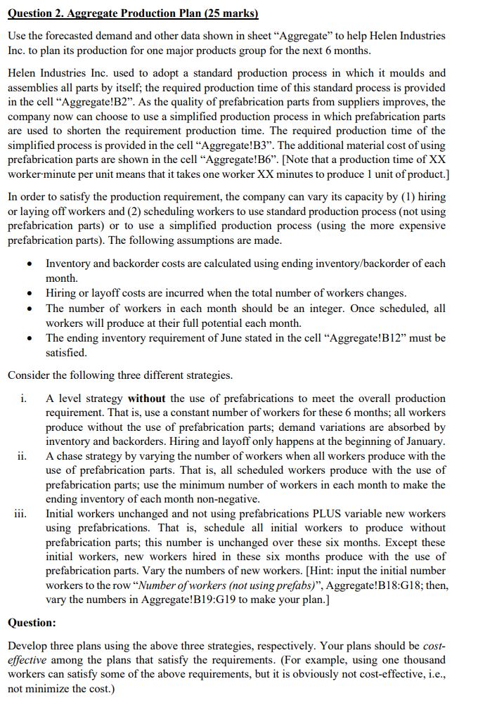 Question 2. Aggregate Production Plan (25 marks) | Chegg.com