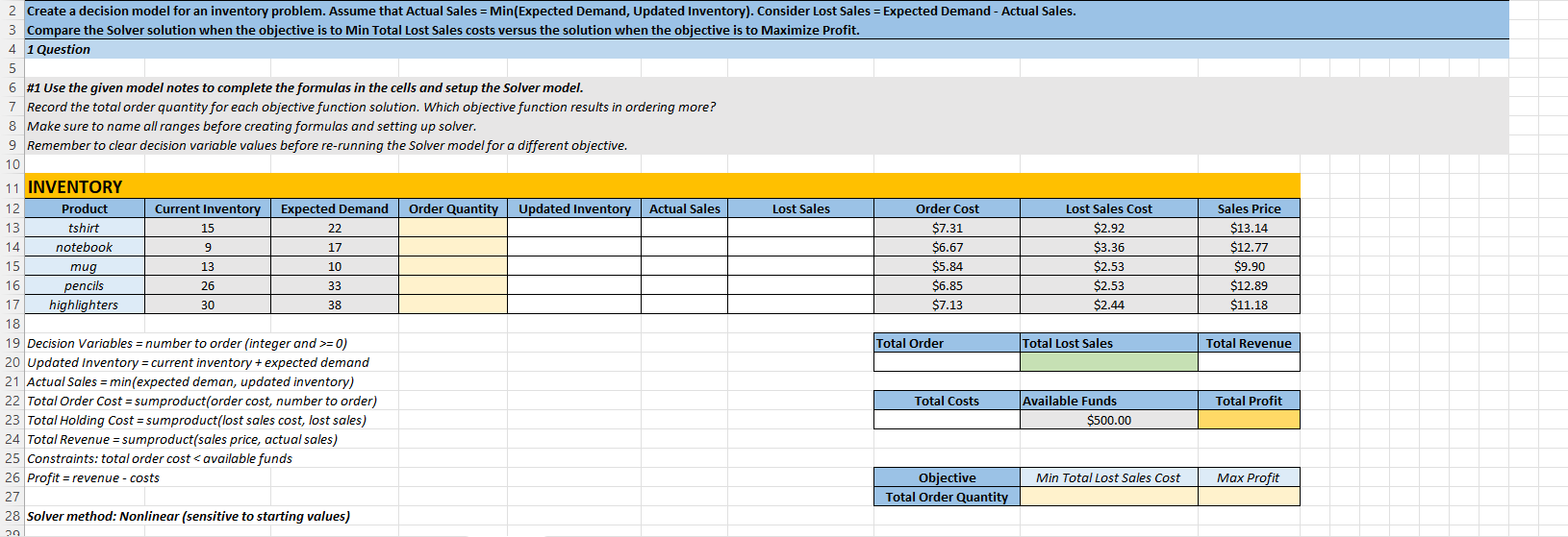 Solved Create a decision model for an inventory problem. | Chegg.com