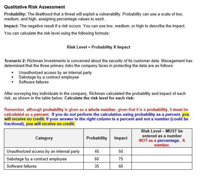 Solved Prioritize the risks (NAME THEM) from high to low: | Chegg.com