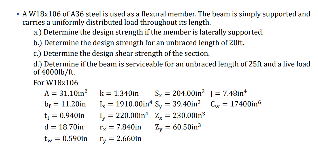 Solved A W18x106 of A36 steel is used as a flexural member. | Chegg.com