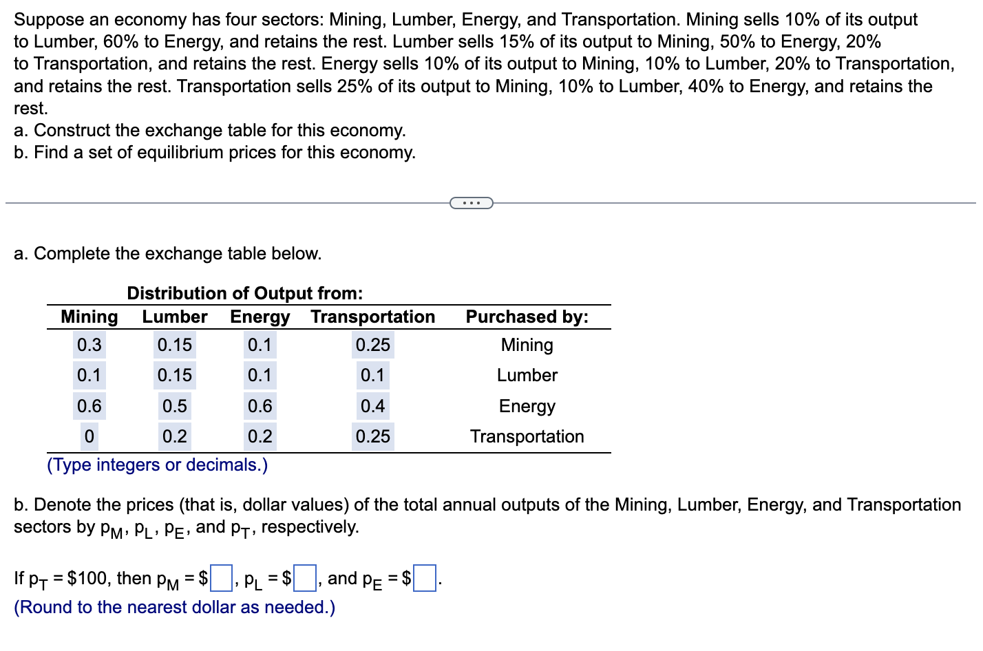 Suppose An Economy Has Four Sectors Mining Lumber 