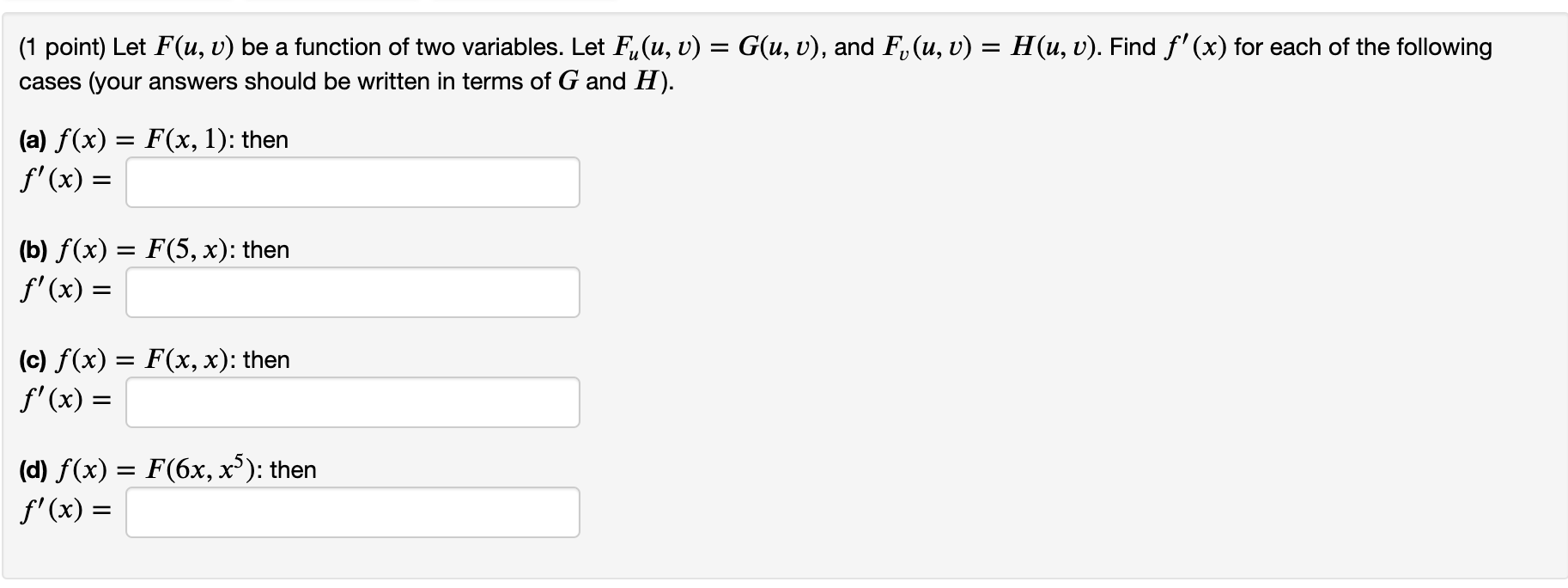 Solved (1 point) Let F(u, v) be a function of two variables. | Chegg.com