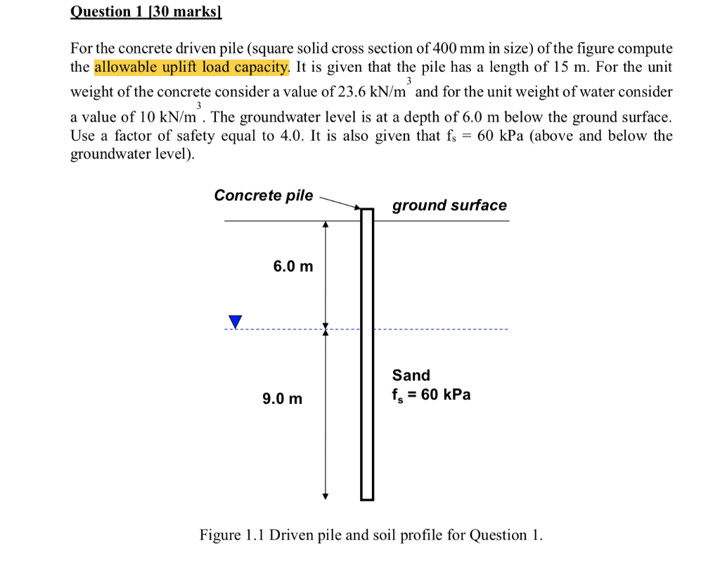 Solved For the concrete driven pile (square solid cross | Chegg.com