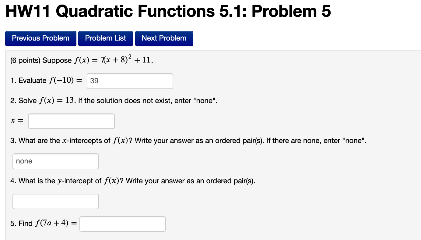 Solved HW11 Quadratic Functions 5.1: Problem 5 Previous | Chegg.com
