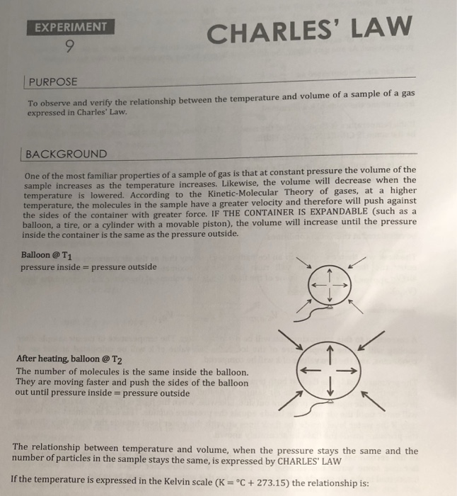 Solved EXPERIMENT CHARLES' LAW PURPOSE To observe and verify | Chegg.com