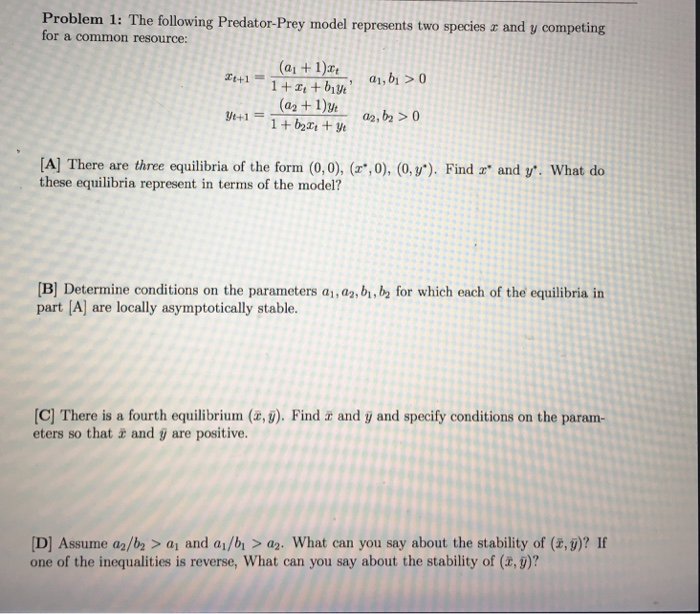 Solved Problem 1: The following Predator-Prey model | Chegg.com