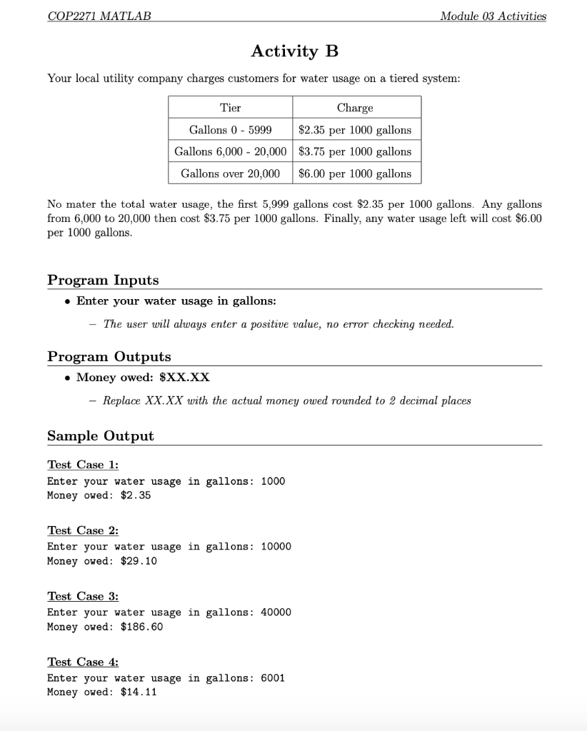 Solved COP2271 MATLAB Module 03 Activities Activity A Given | Chegg.com