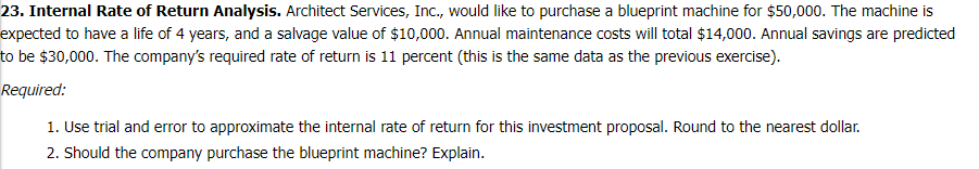 Solved 23. Internal Rate of Return Analysis. Architect | Chegg.com