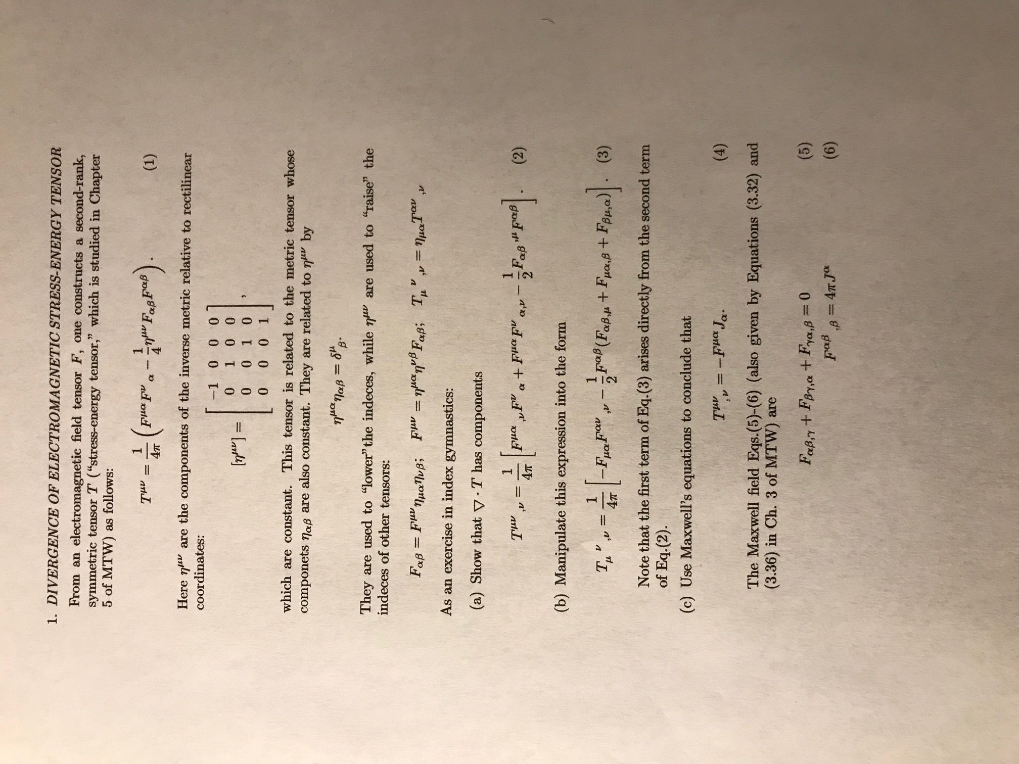 Solved 1. DIVERGENCE OF ELECTROMAGNETIC STRESS-ENERGY TENSOR | Chegg.com