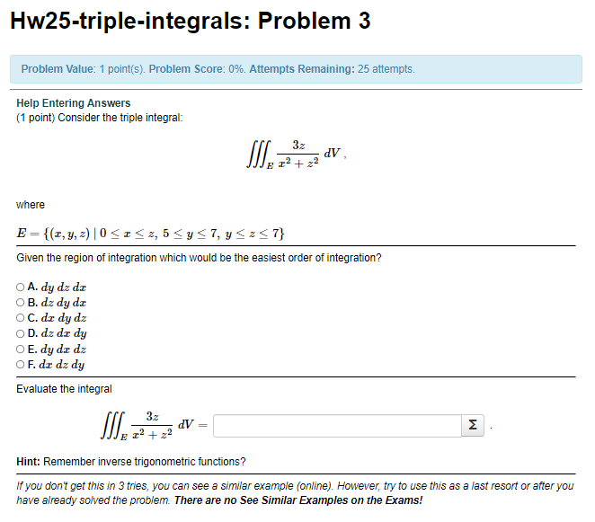 Solved Hw25-triple-integrals: Problem 3 Problem Value: 1 | Chegg.com