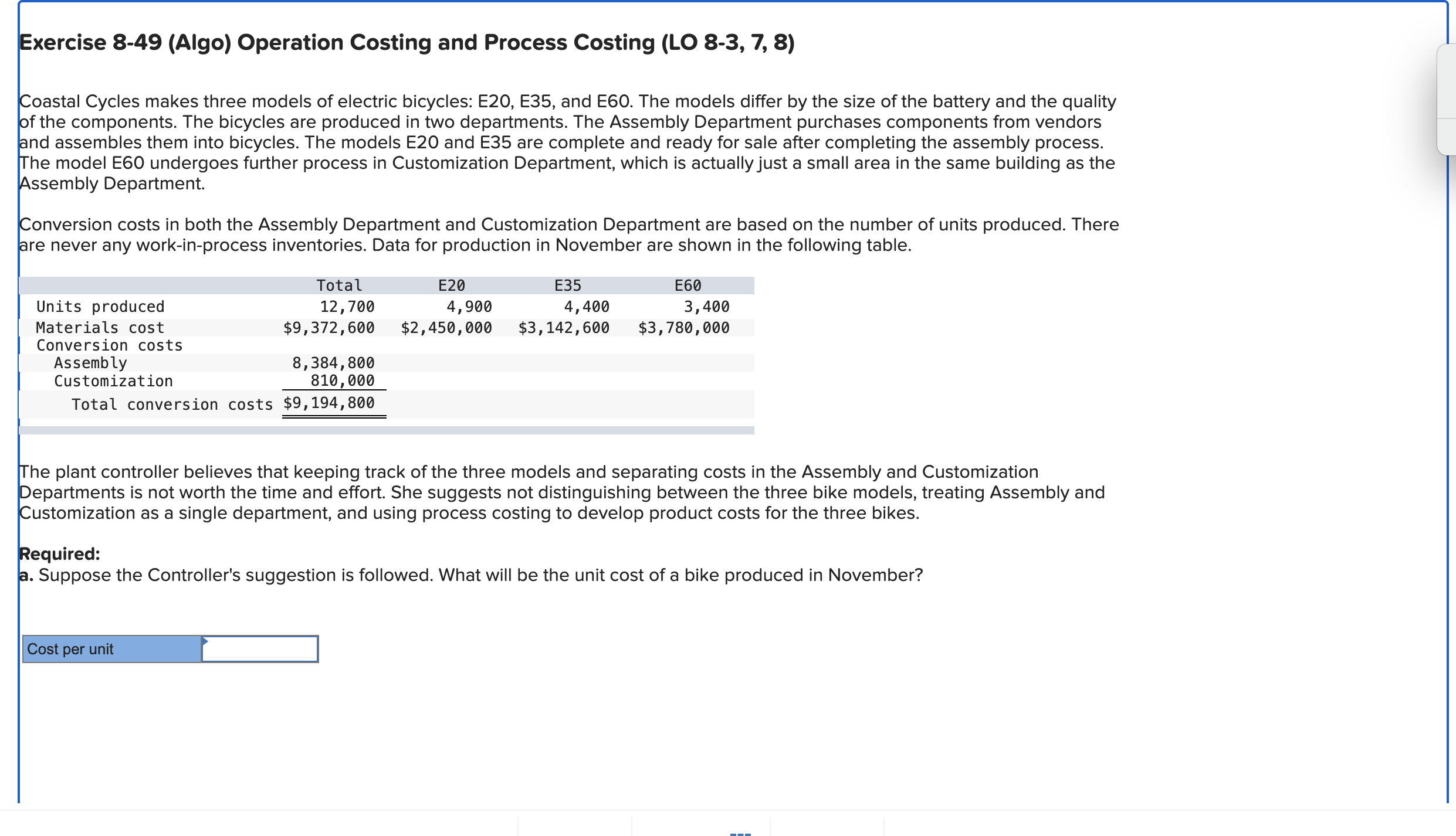 Solved Exercise 8-49 (Algo) Operation Costing and Process | Chegg.com