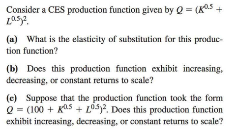 Solved Consider a CES production function given by Q = (K0.5 | Chegg.com