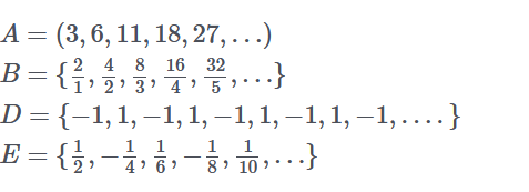 Solved A=(3,6,11,18,27,…)B={12,24,38,416,532,…}D={−1,1,−1,1, | Chegg.com