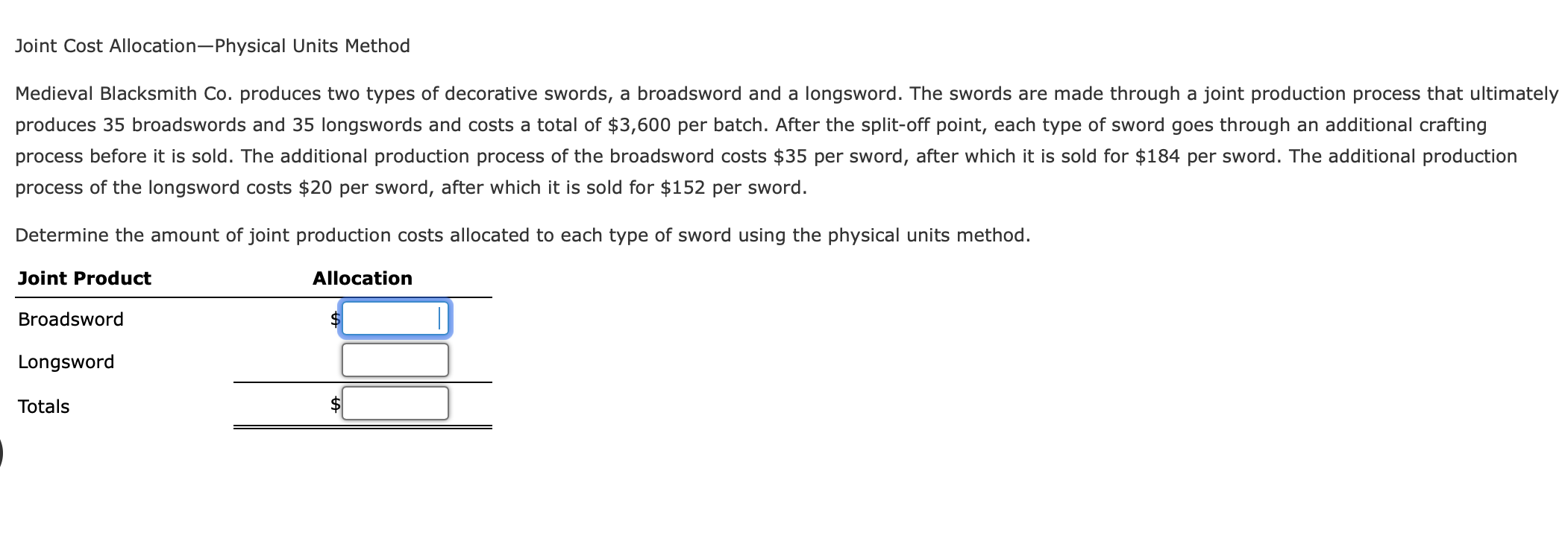 Solved Joint Cost Allocation-Physical Units Method Medieval | Chegg.com