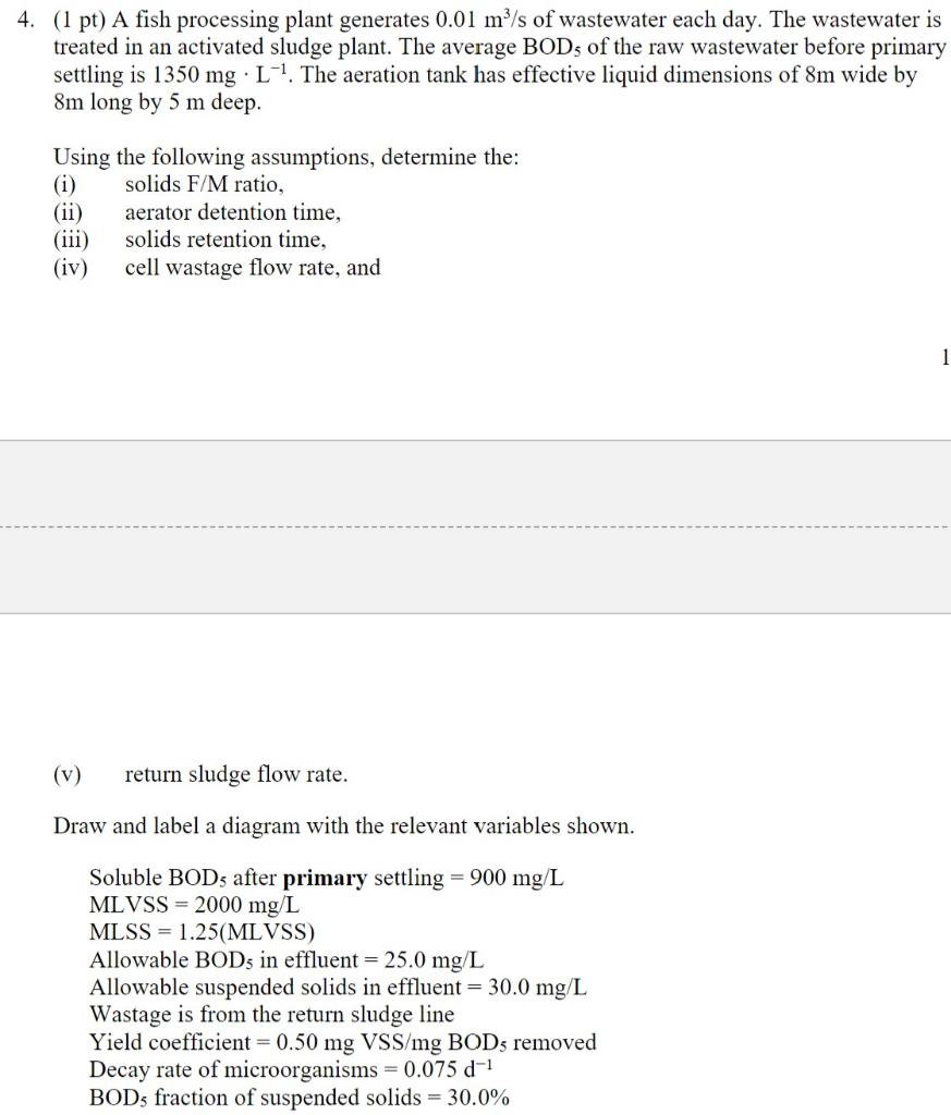 Solved 4. (1 pt) A fish processing plant generates 0.01 m3/s | Chegg.com