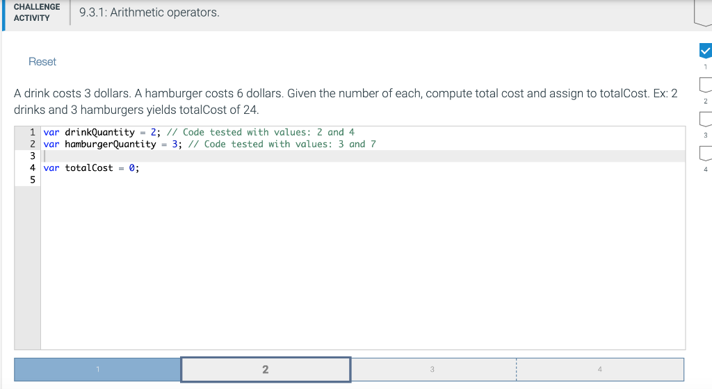 Solved CHALLENGE 9.3.1: Arithmetic operators. ACTIVITY Reset | Chegg.com