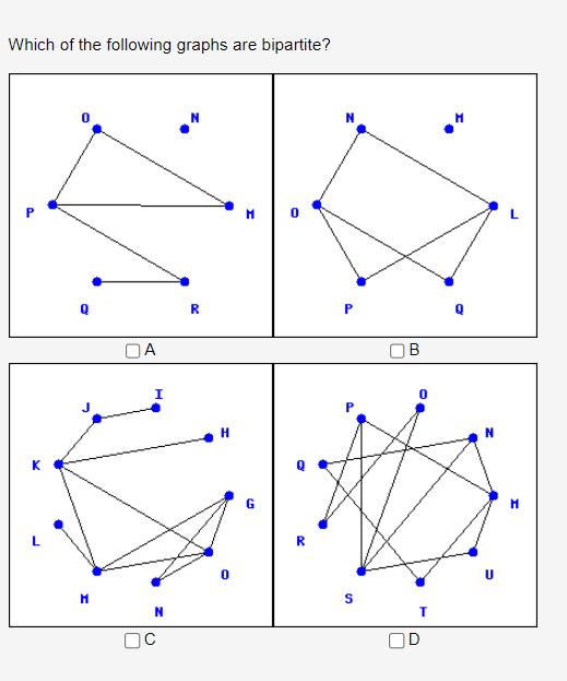 Solved Which of the following graphs are bipartite? A B C D | Chegg.com