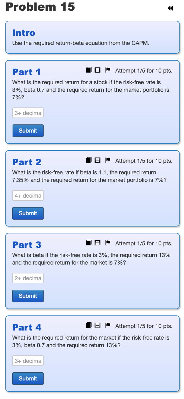 Solved Problem 15 Intro Use the required return-beta | Chegg.com