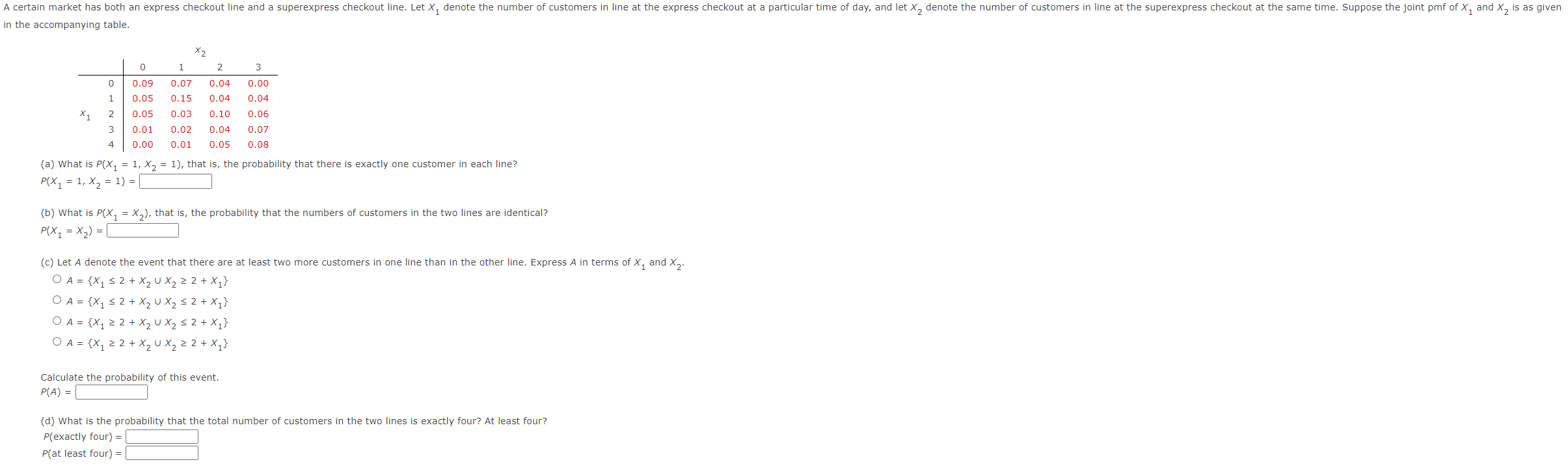 Solved the accompanying table. (a) What is P(X1=1,X2=1), | Chegg.com