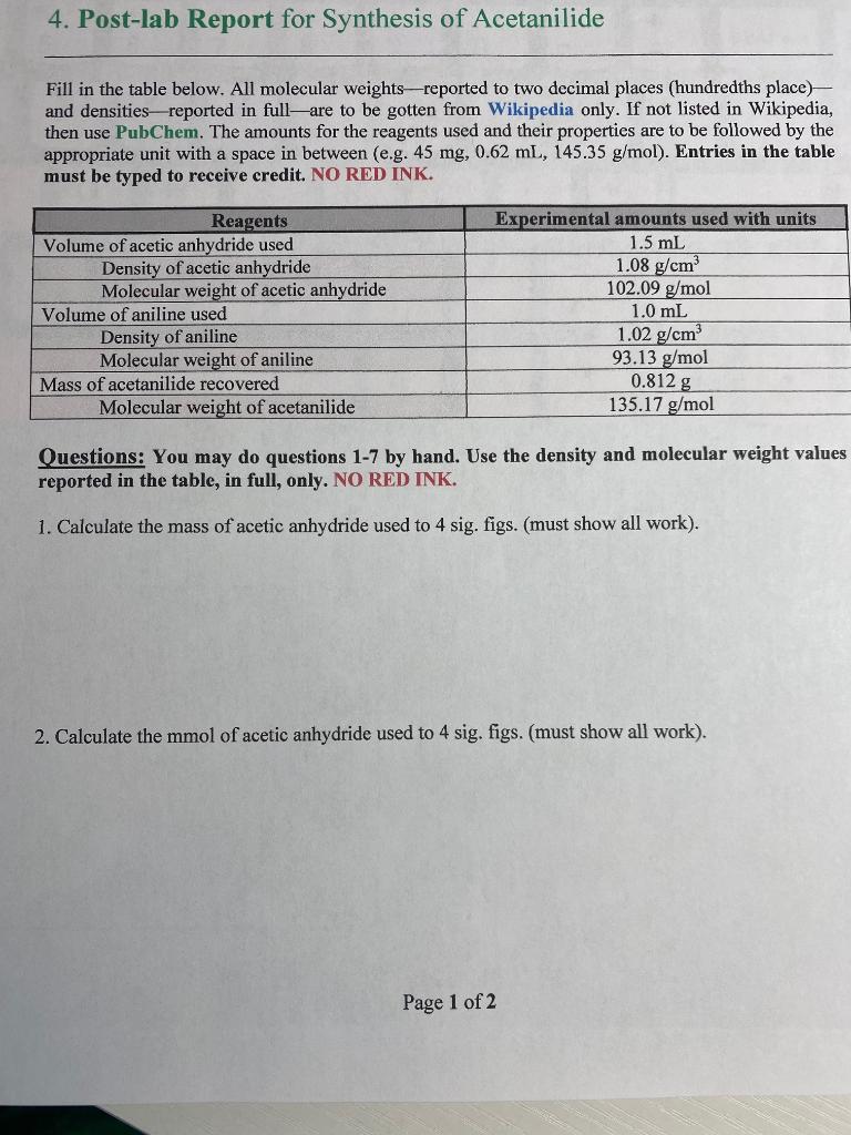 Solved 4. Post-lab Report for Synthesis of Acetanilide Fill | Chegg.com