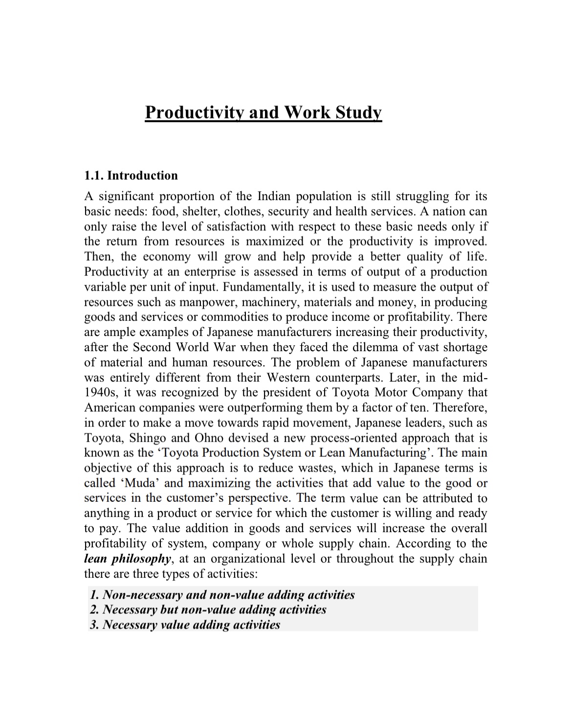 Solved Productivity and Work Study 1.1. Introduction A | Chegg.com
