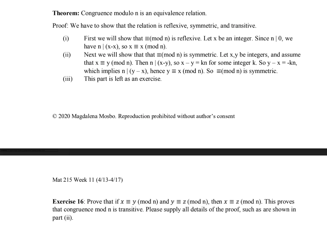 Solved Theorem: Congruence modulo n is an equivalence | Chegg.com