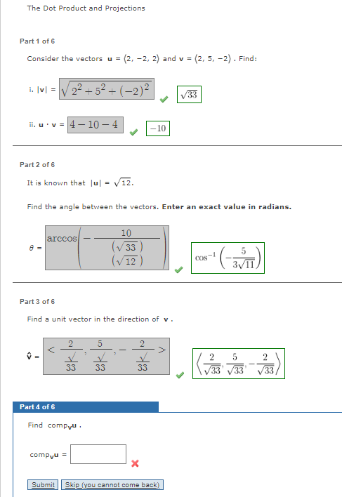 Solved The Dot Product and ProjectionsPart 1 ﻿of 6Consider | Chegg.com