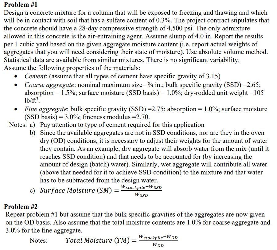 Solved Problem #1 Design a concrete mixture for a column | Chegg.com