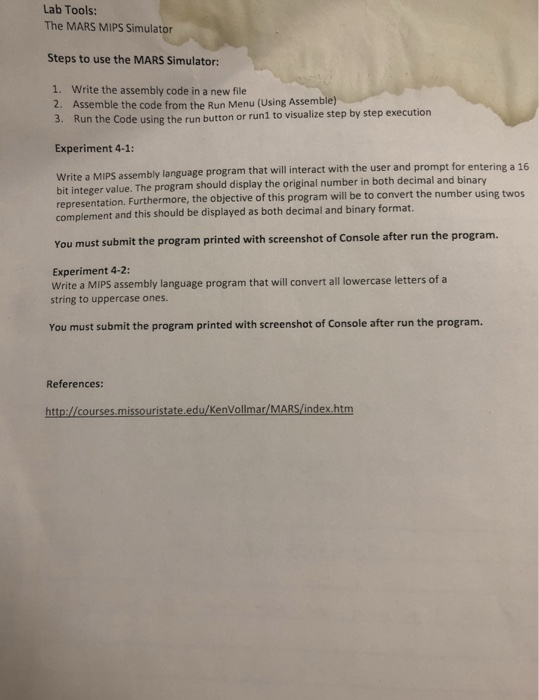 Solved Lab Tools: The MARS MIPS Simulator Steps to use the | Chegg.com