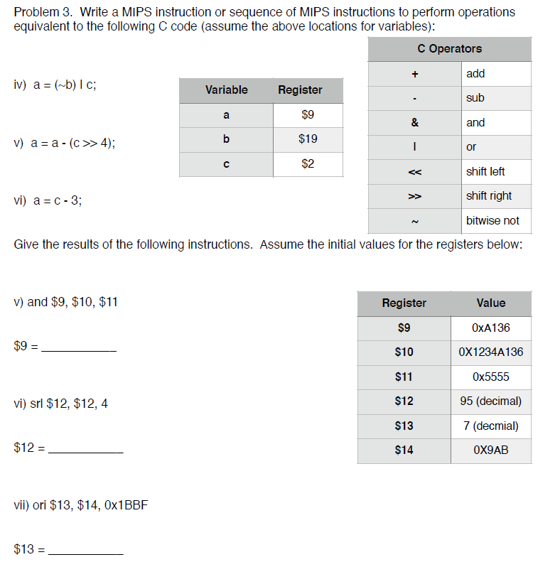 Solved Problem 3. Write a MIPS instruction or sequence of | Chegg.com