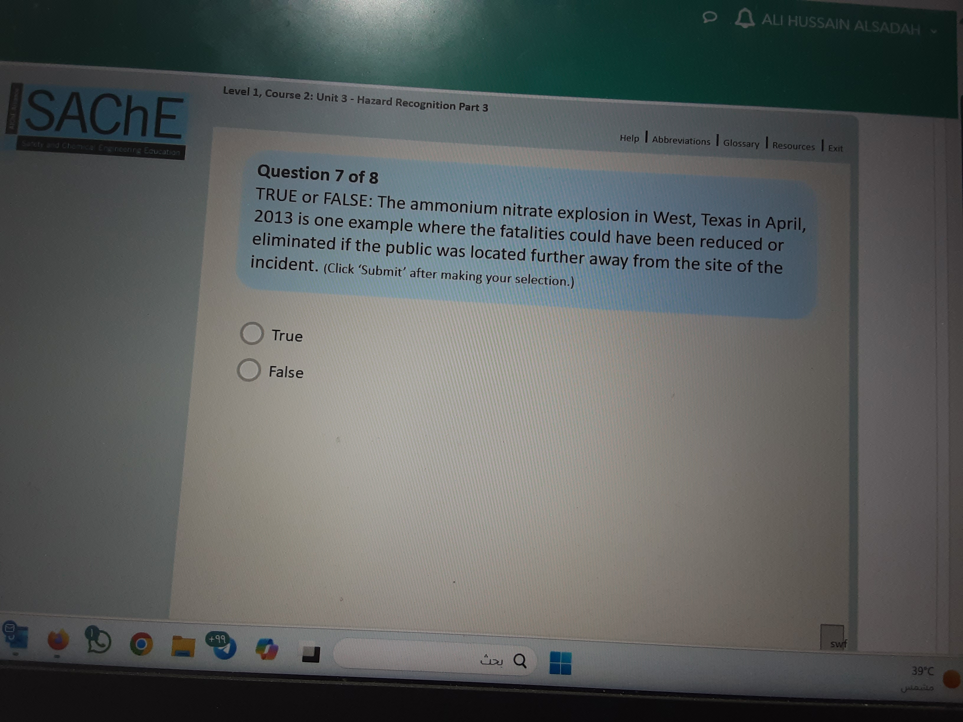 Solved TRUE or FALSE: The ammonium nitrate explosion in | Chegg.com