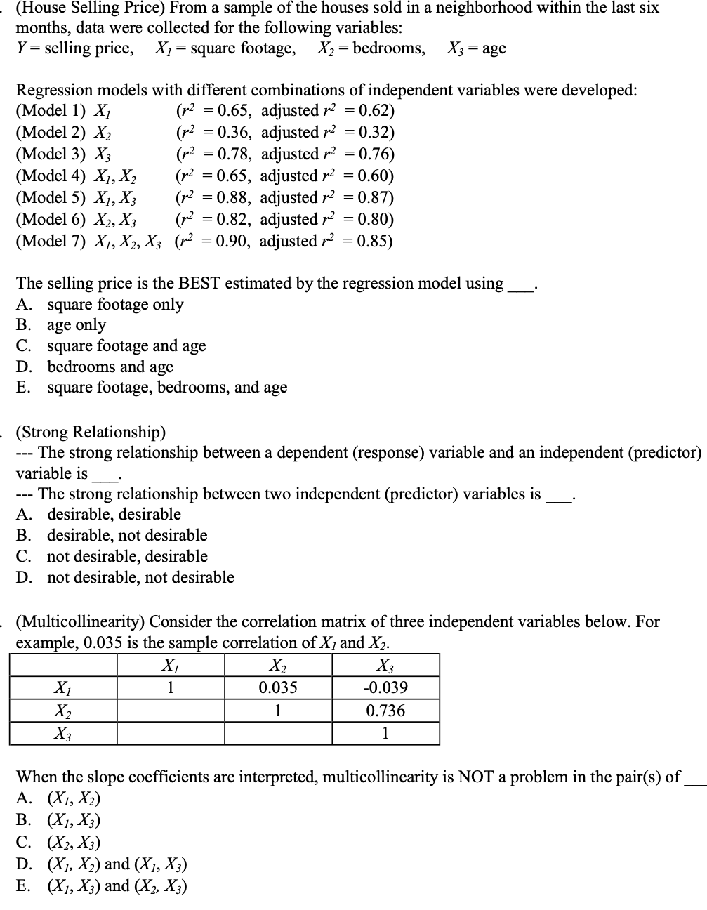 Solved (House Selling Price) From a sample of the houses | Chegg.com