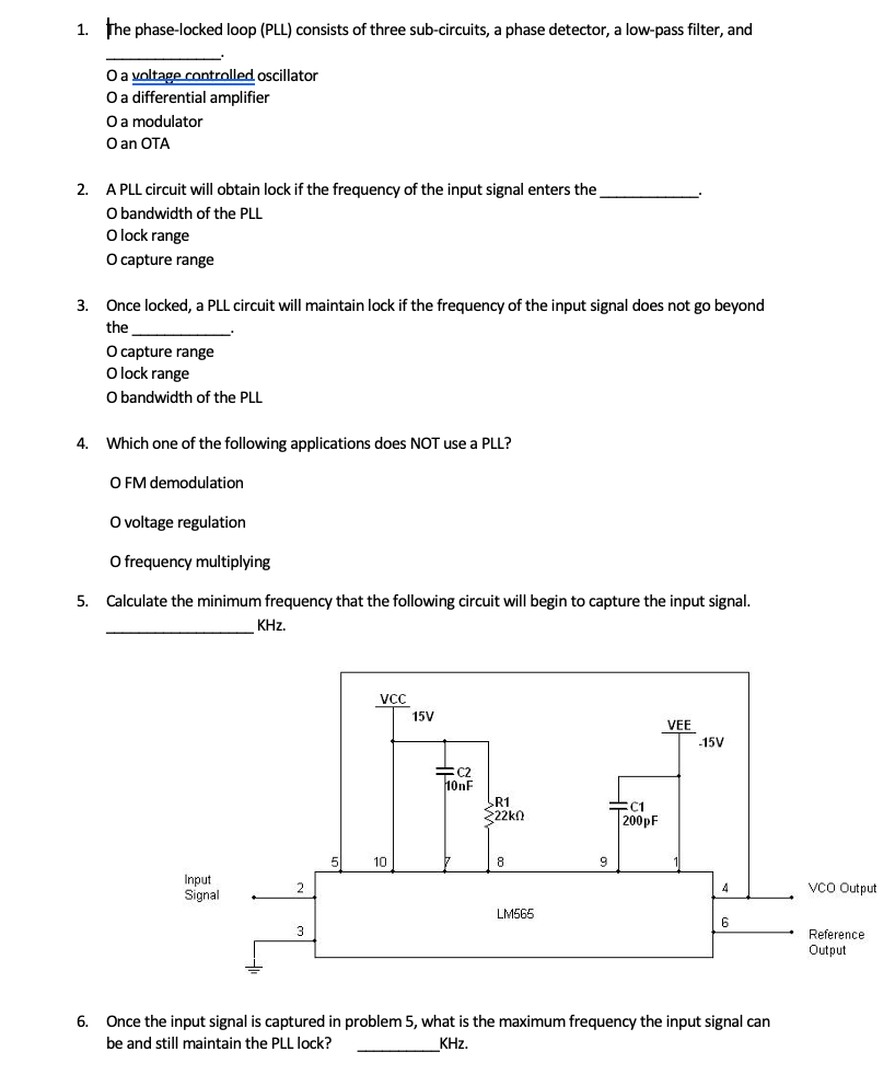 Solved 1. The phase-locked loop (PLL) consists of three | Chegg.com