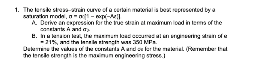 Solved 1. The tensile stress-strain curve of a certain | Chegg.com