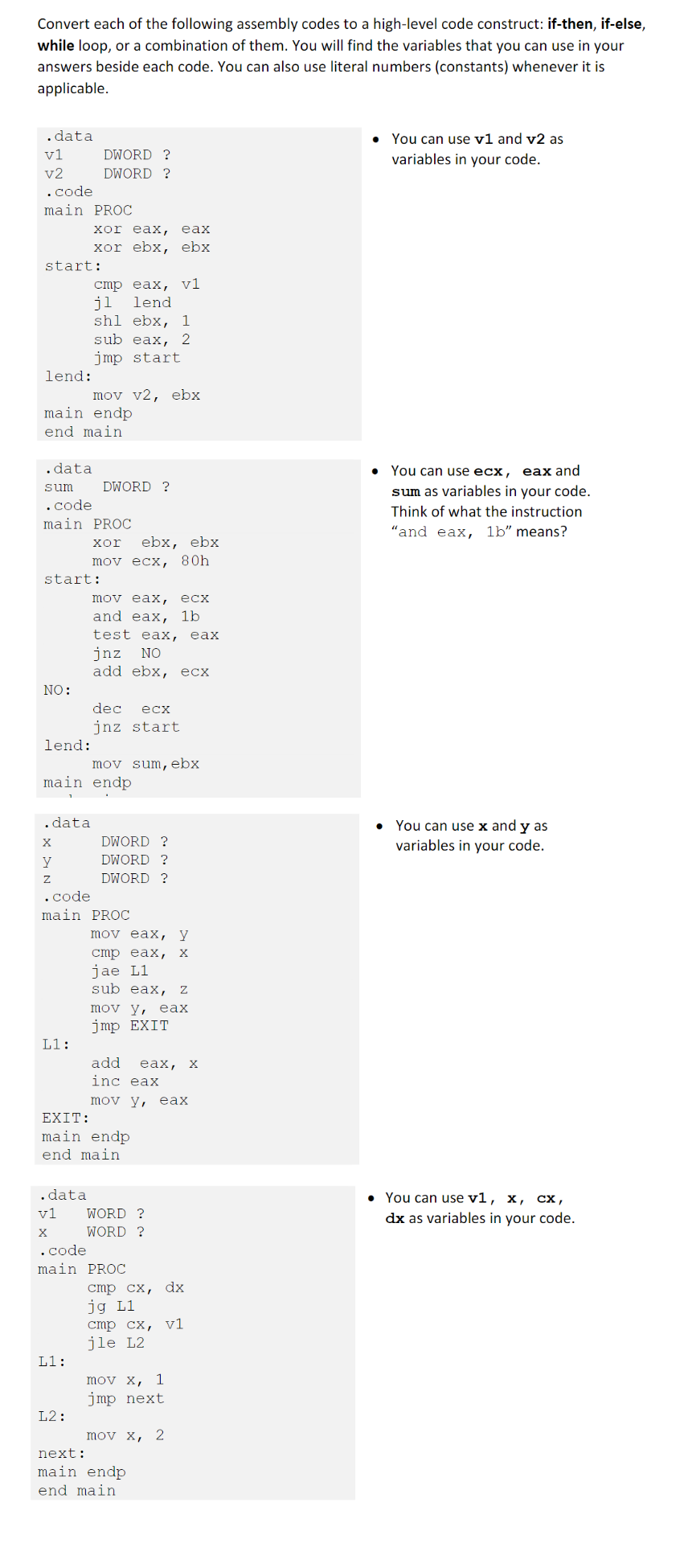 Convert each of the following assembly codes to a | Chegg.com