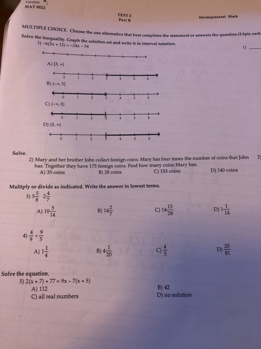 Solved Version MAT 0022 TEST 2 Developmental Math Part B | Chegg.com