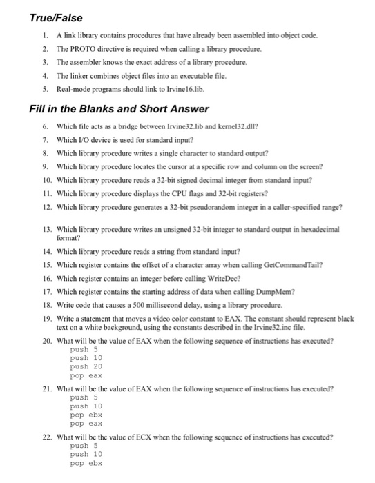 Solved True/False 2. 3. 4. 5. A link library contains | Chegg.com