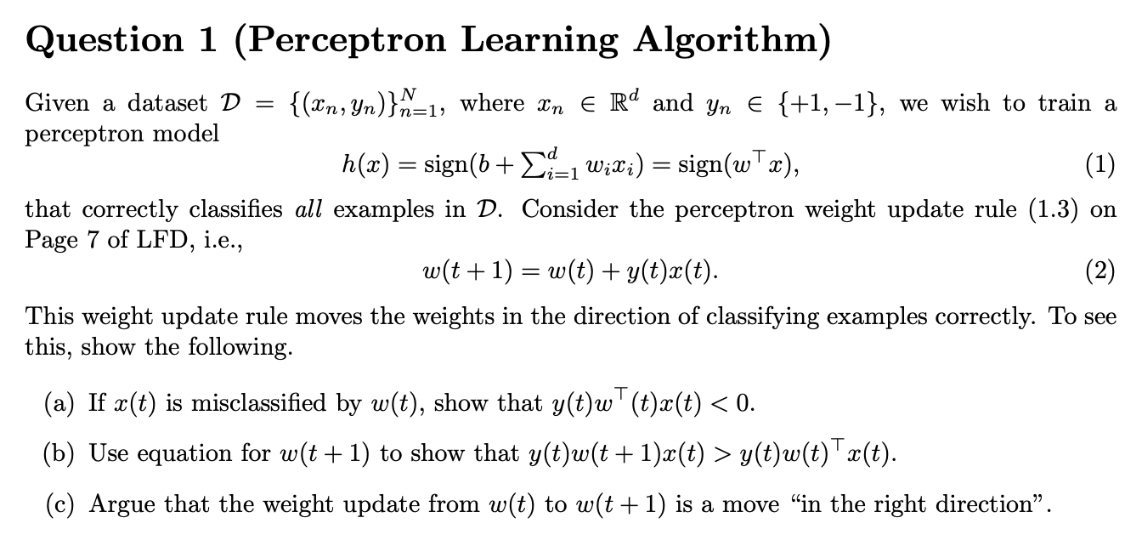n1 Question 1 (Perceptron Learning Algorithm) Given a | Chegg.com