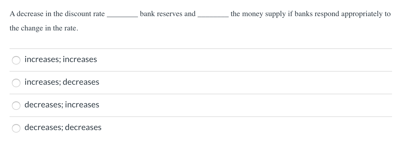 Solved A decrease in the discount rate bank reserves and the | Chegg.com