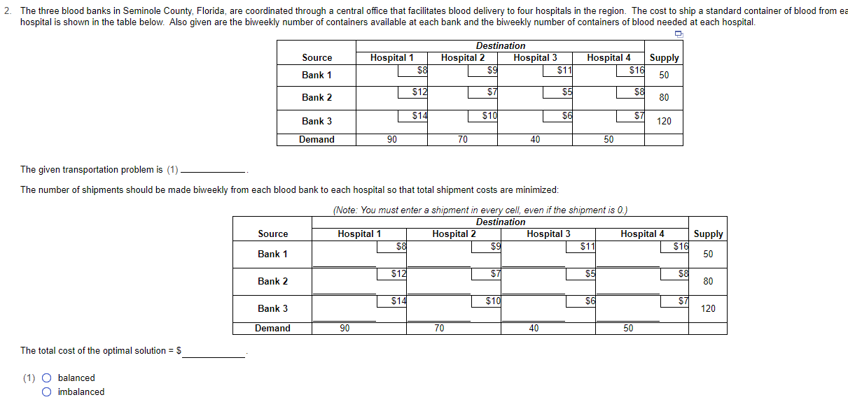 Solved 1. Consider the transportation table below. The | Chegg.com