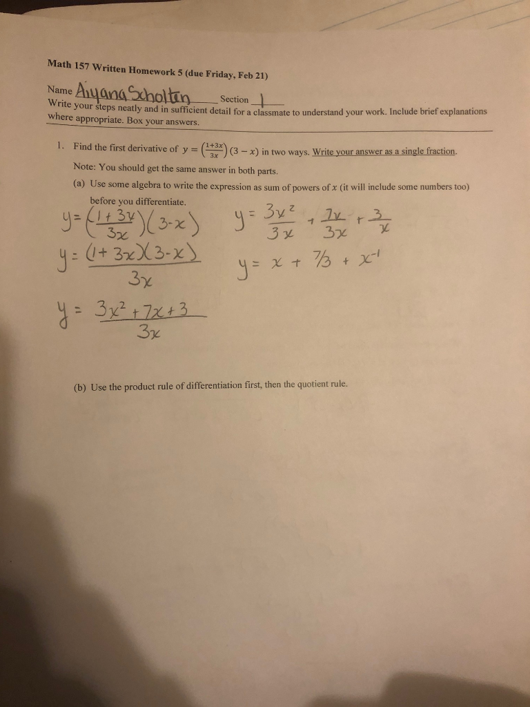 Solved Math 157 Written Homework 5 (due Friday, Feb 21) Name | Chegg.com