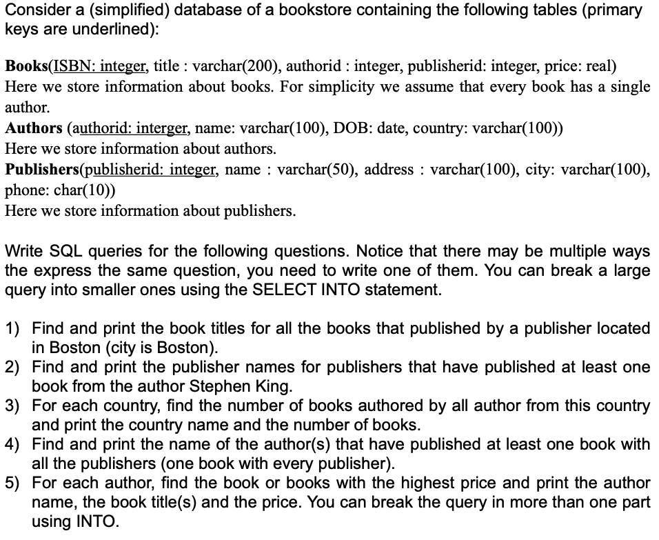 Solved Consider a (simplified) database of a bookstore | Chegg.com