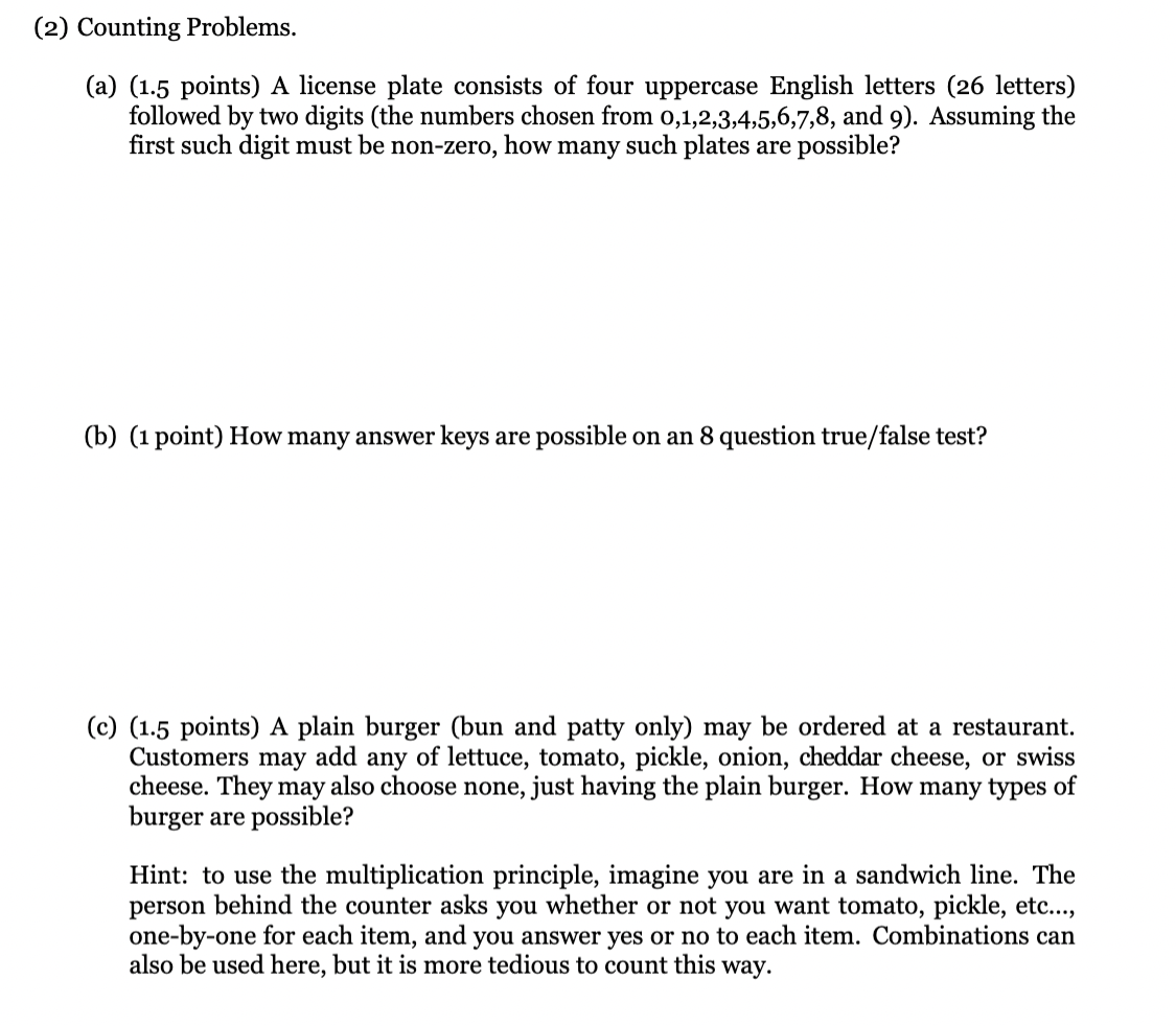 Solved (2) ﻿Counting Problems.(a) (1.5 ﻿points) ﻿A license | Chegg.com