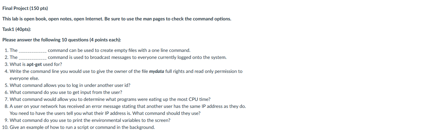 Solved Final Project (150 pts) This lab is open book, open | Chegg.com
