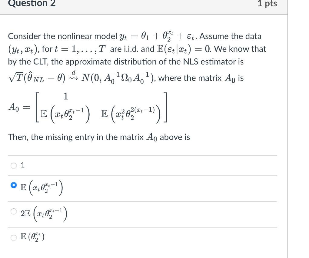 Solved Consider the nonlinear model yt=θ1+θ2xt+εt. Assume | Chegg.com