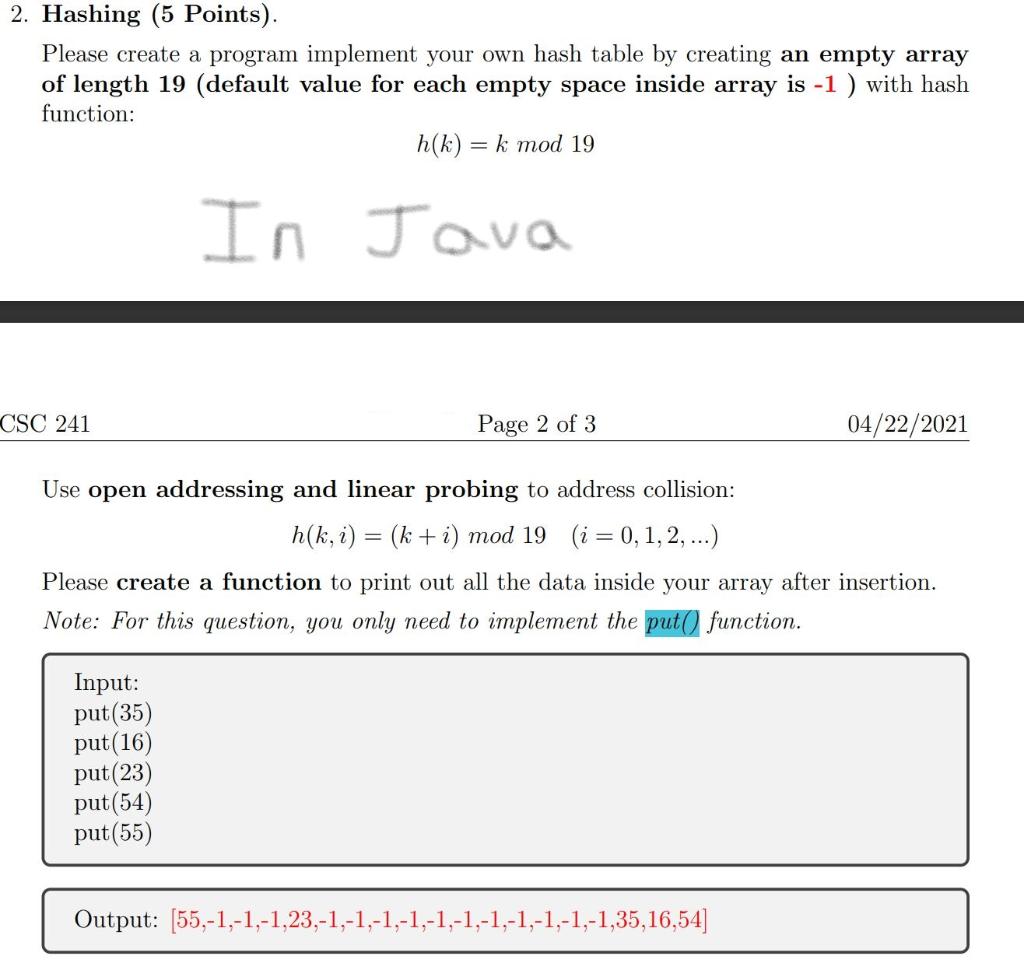 Solved 2. Hashing (5 Points). Please create a program | Chegg.com