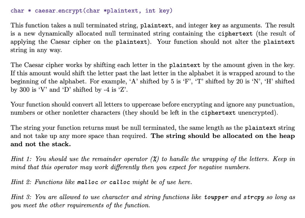 Solved char caesar encrypt(char *plaintext, int key) This | Chegg.com