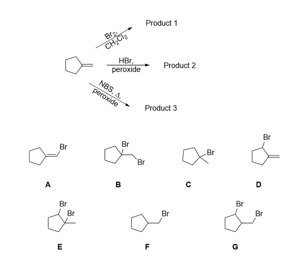 Solved Product 1 B12 CH2Cl2 HBr, Product 2 peroxide NBS, A, | Chegg.com